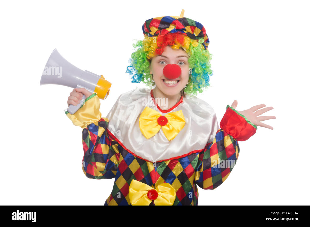 Clown with loudspeaker isolated on white Stock Photo - Alamy