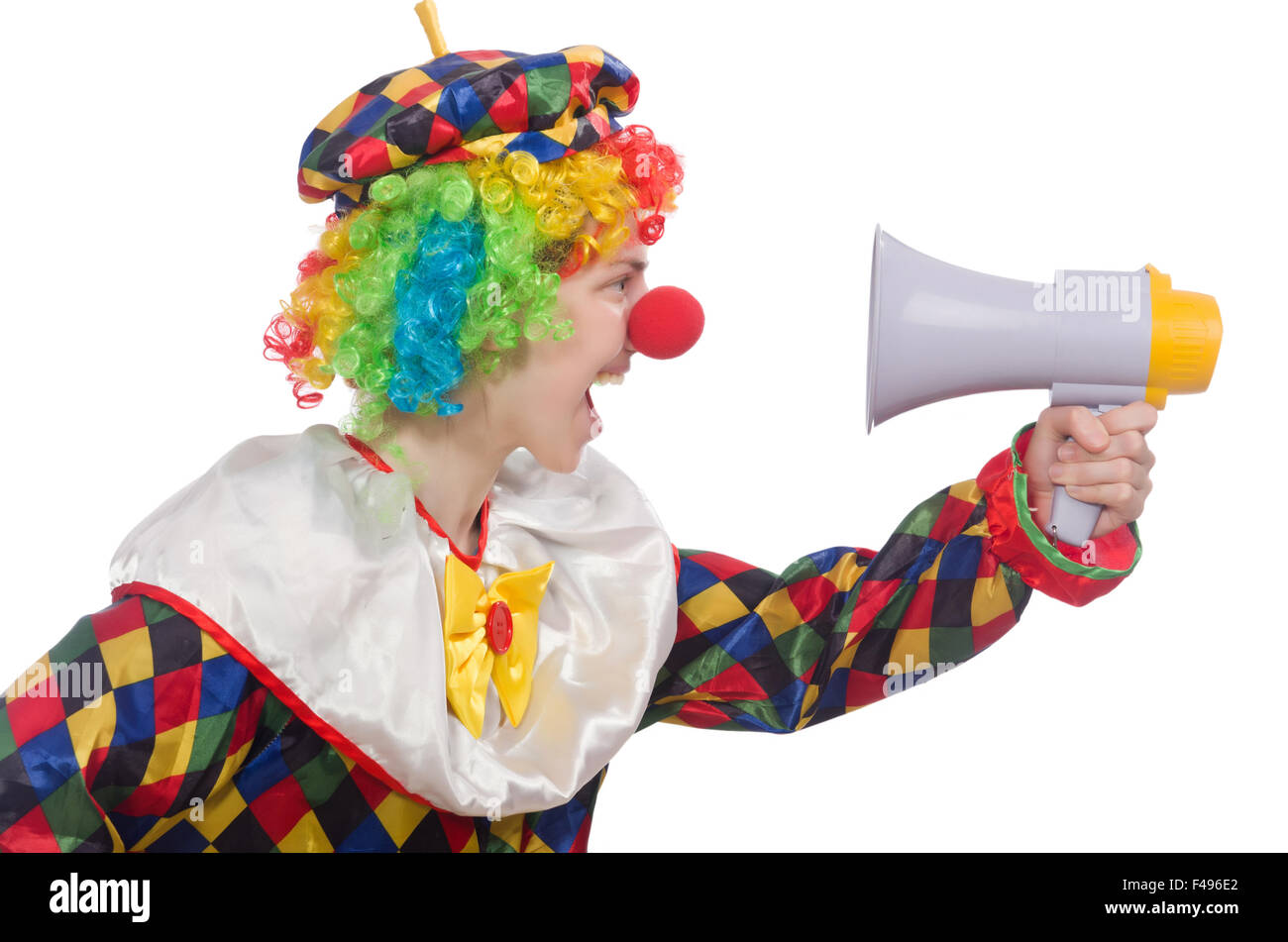 Clown with loudspeaker isolated on white Stock Photo - Alamy