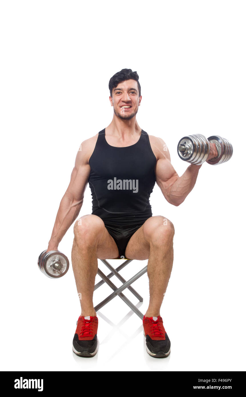 Man with dumbbells isolated on white Stock Photo - Alamy