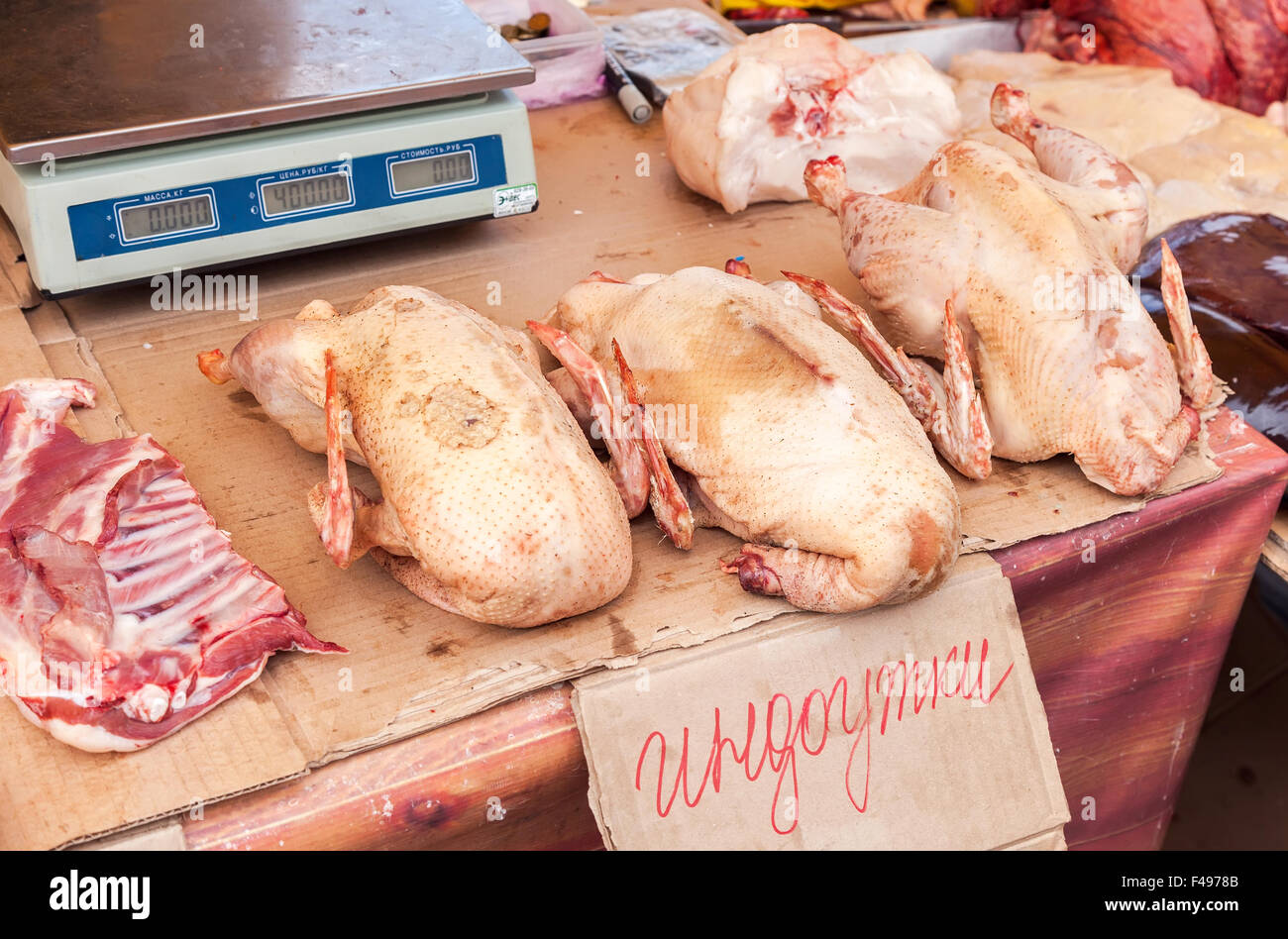 Fresh meat of poultry ready to sale at the farmers market Stock Photo ...