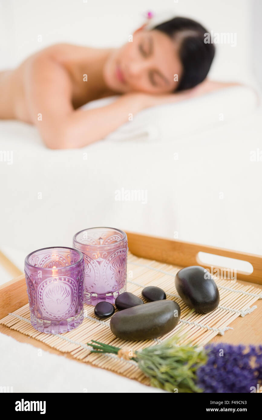 Focus on the massage tray with stones Stock Photo - Alamy