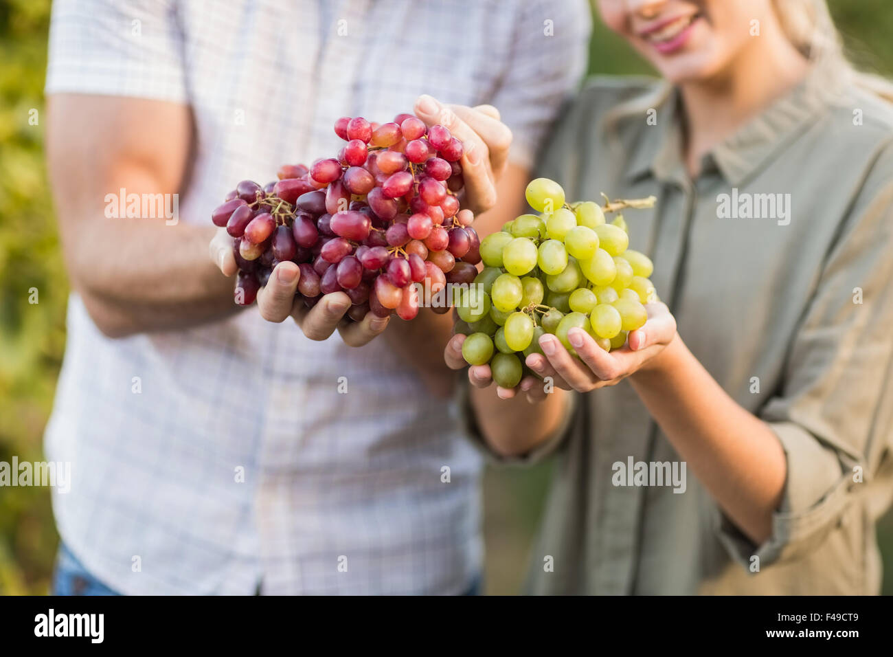 Two young happy vintners holding grapes Stock Photo - Alamy