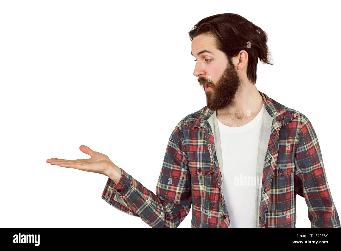 Handsome hipster presenting a copy space Stock Photo - Alamy