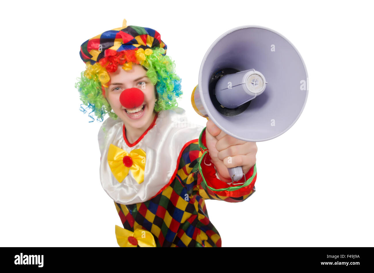 Clown with loudspeaker isolated on white Stock Photo - Alamy