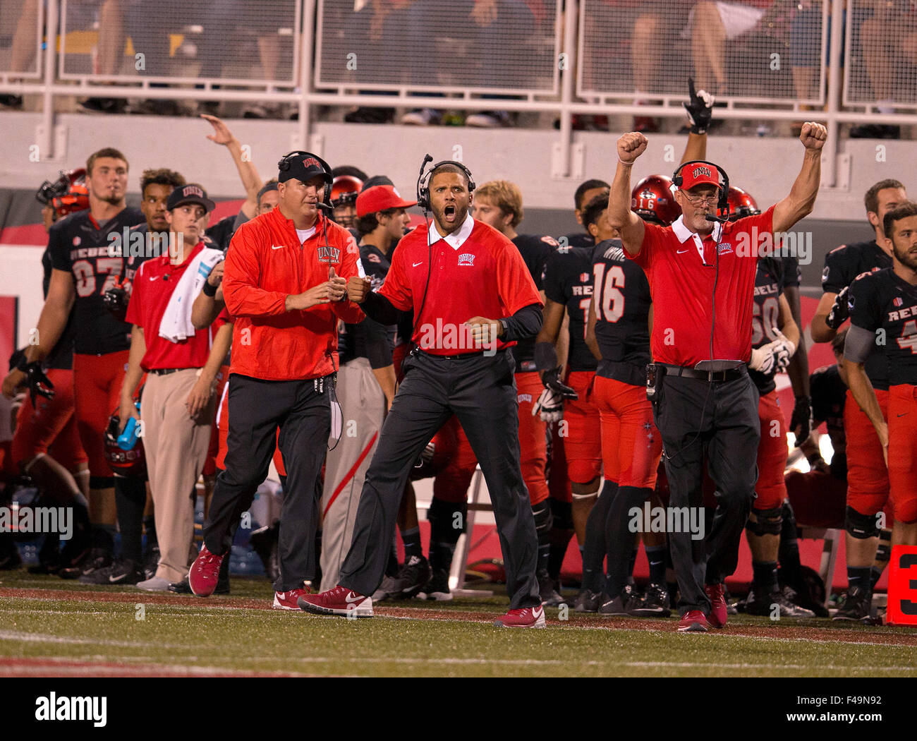 Las Vegas, NV, USA. 10th Oct, 2015. UNLV offensive coordinator Barney ...