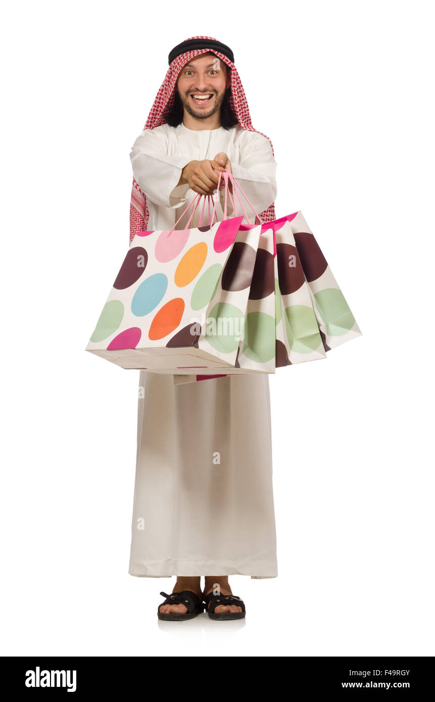Arab man with shopping bags on white Stock Photo - Alamy