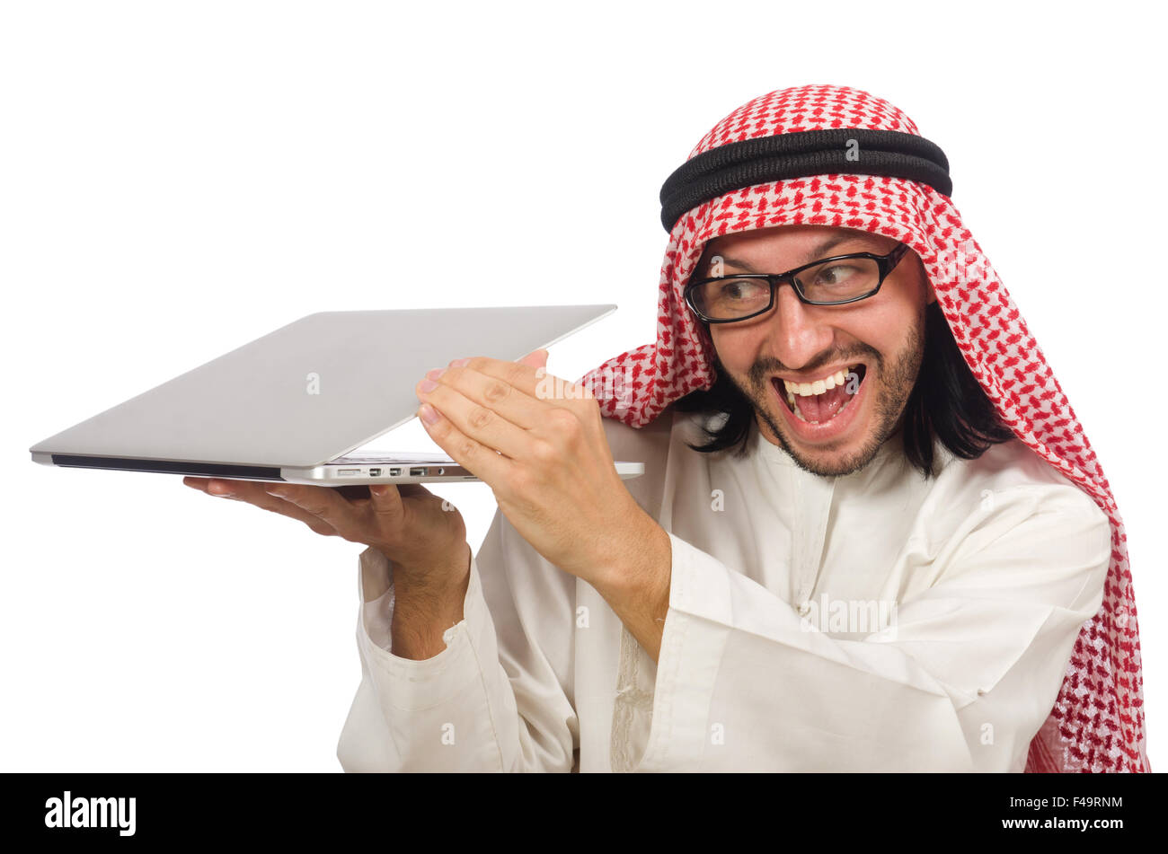 Arab man with laptop isolated on white Stock Photo - Alamy