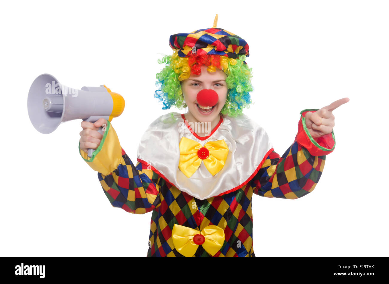 Clown with loudspeaker isolated on white Stock Photo - Alamy