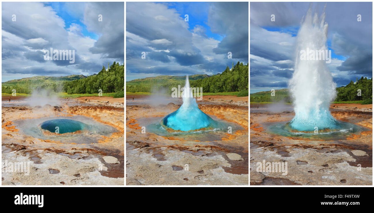 Three phases of the eruption of the geyser Stock Photo - Alamy