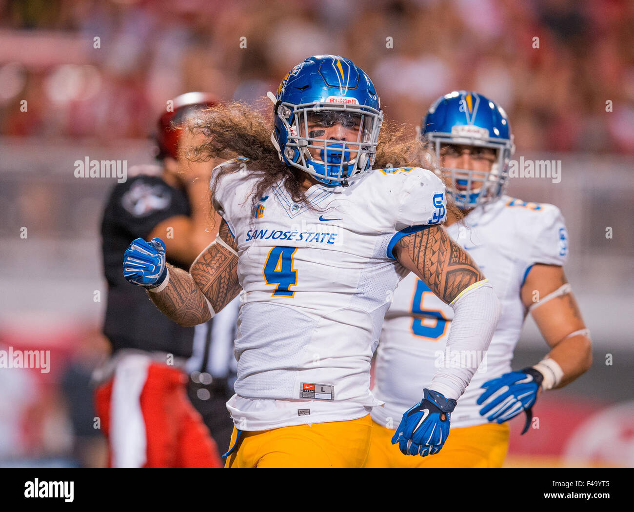 Las Vegas, NV, USA. 10th Oct, 2015. San Jose State linebacker (4 ...