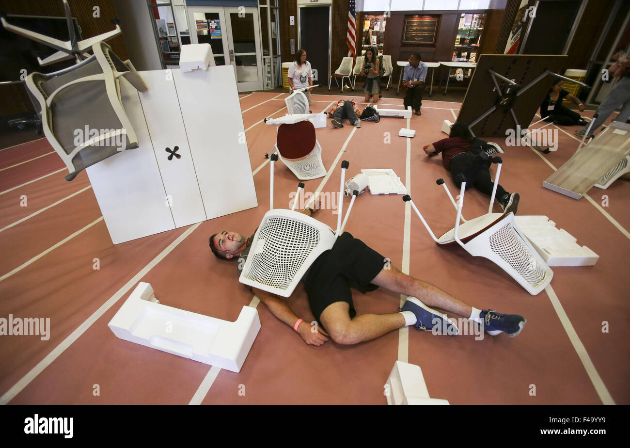 Los Angeles, California, USA. 15th Oct, 2015. A mock victim waits for ...