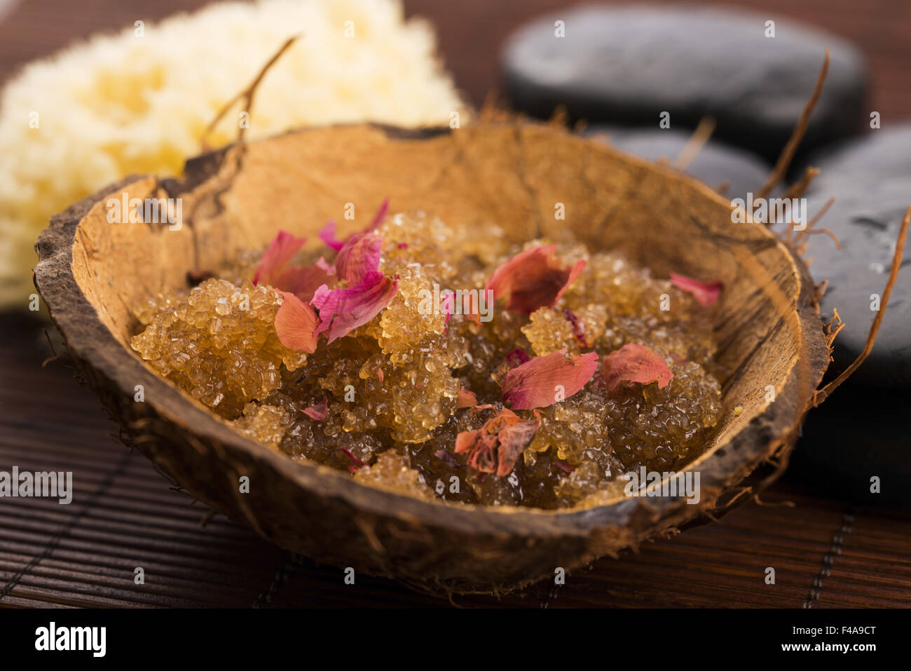 Homemade body peeling with sugar, olive oil and rose petal Stock Photo ...