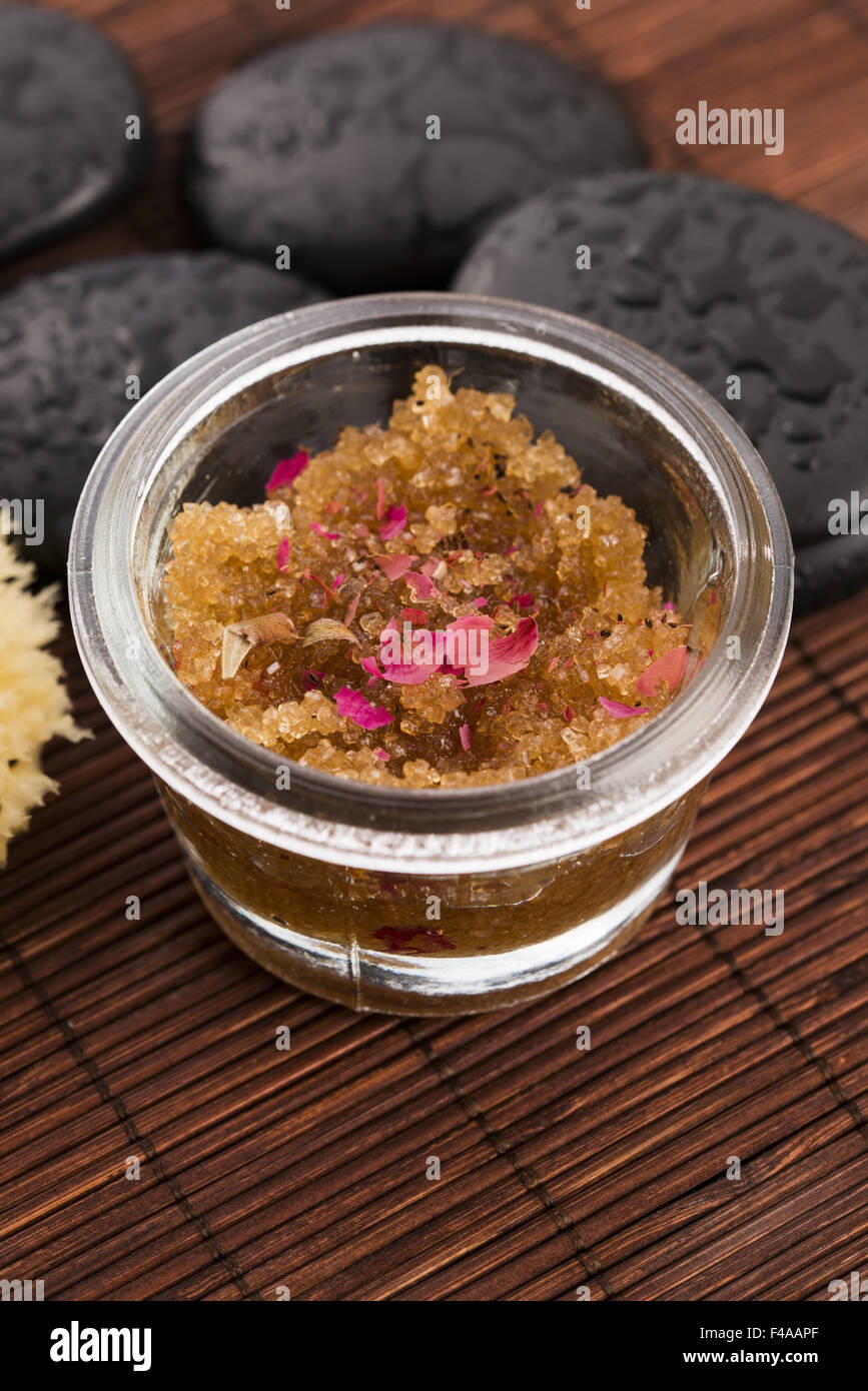 Homemade body peeling with sugar, olive oil and rose petal Stock Photo ...
