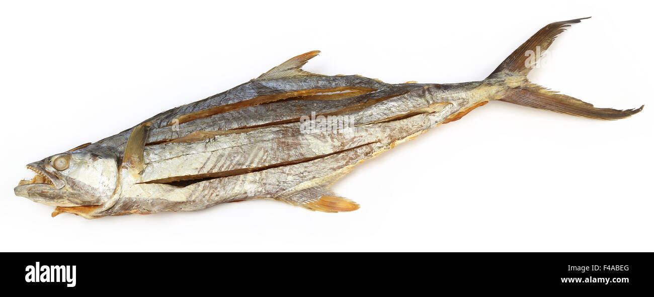 Dried salmon fish over white background Stock Photo - Alamy