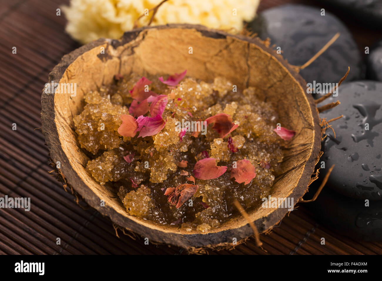 Homemade body peeling with sugar, olive oil and rose petal Stock Photo ...