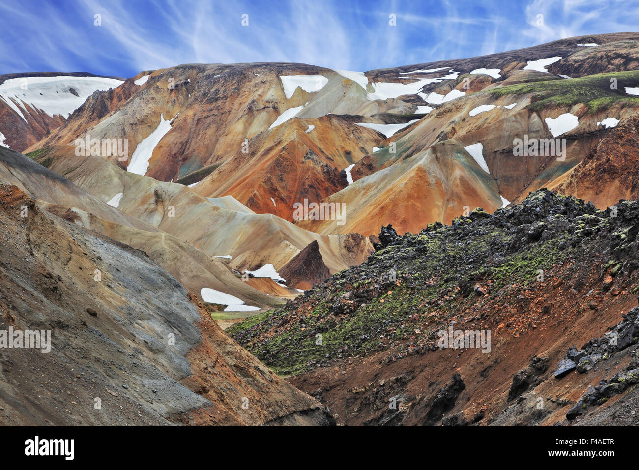 The orange rhyolite mountains with snow Stock Photo - Alamy
