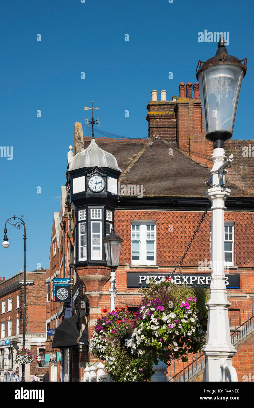 Clocktower from bridge over River Medway, Tonbridge High Street ...