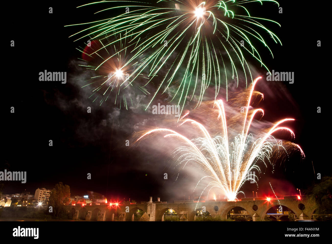 Colorful fireworks shot from Puente de Palmas bridge at Badajoz, Spain ...