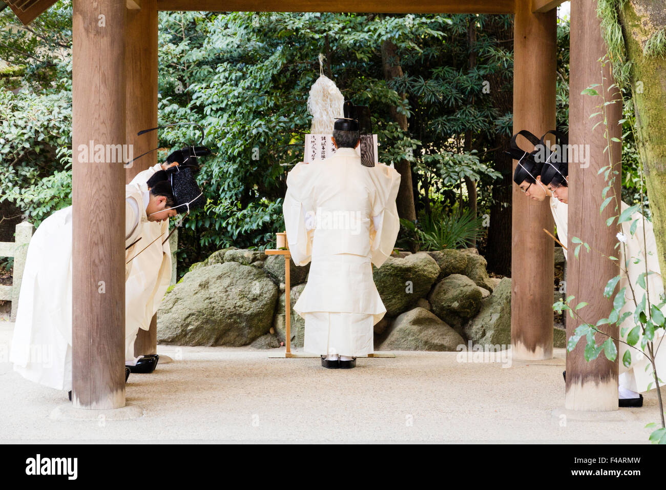 Nishinomiya shrine, Japan, Shinto Priests, Kannushi, with chief priest ...