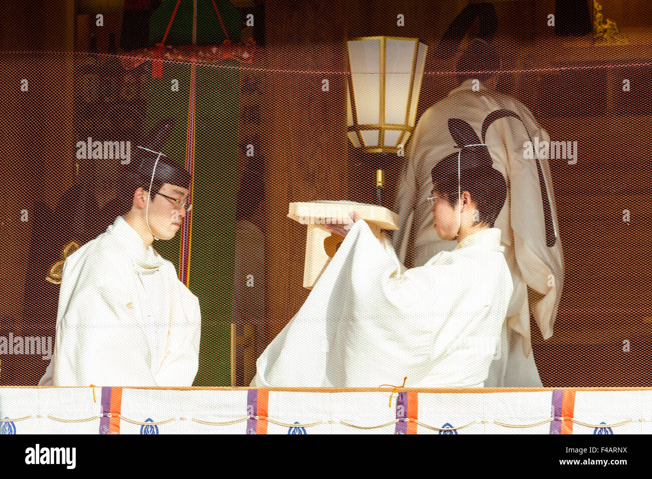 Nishinomiya shrine, Japan, Priest ceremony in Honden, one priest ...