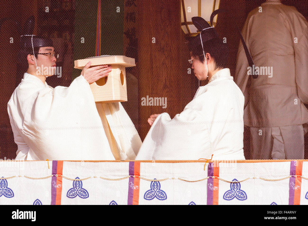 Nishinomiya shrine, Japan, Priest ceremony in Honden, one priest ...