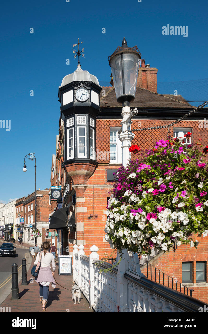 Clock tower from bridge over River Medway, Tonbridge High Street ...