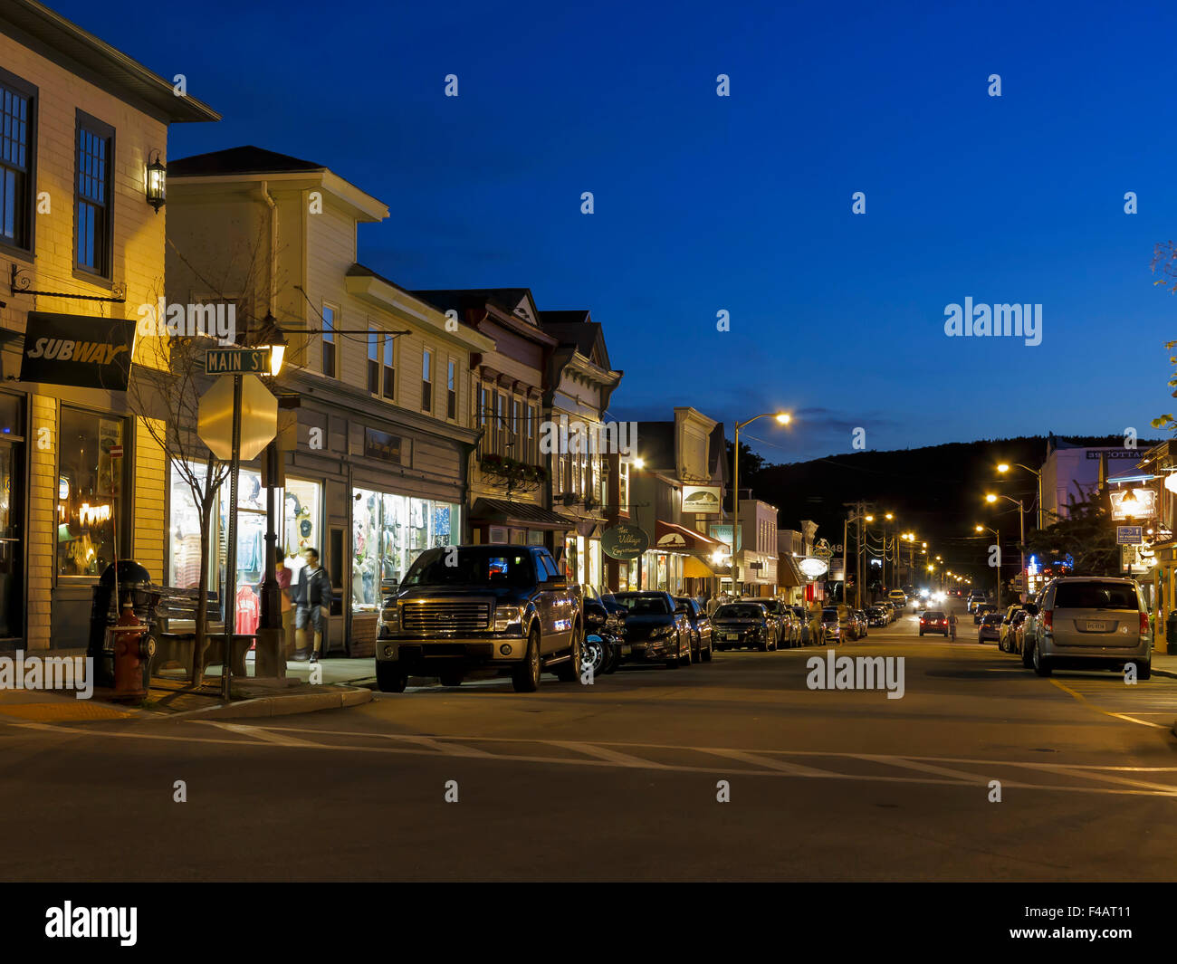 Colourful Main Street at dusk in Bar Harbor Maine USA Stock Photo - Alamy