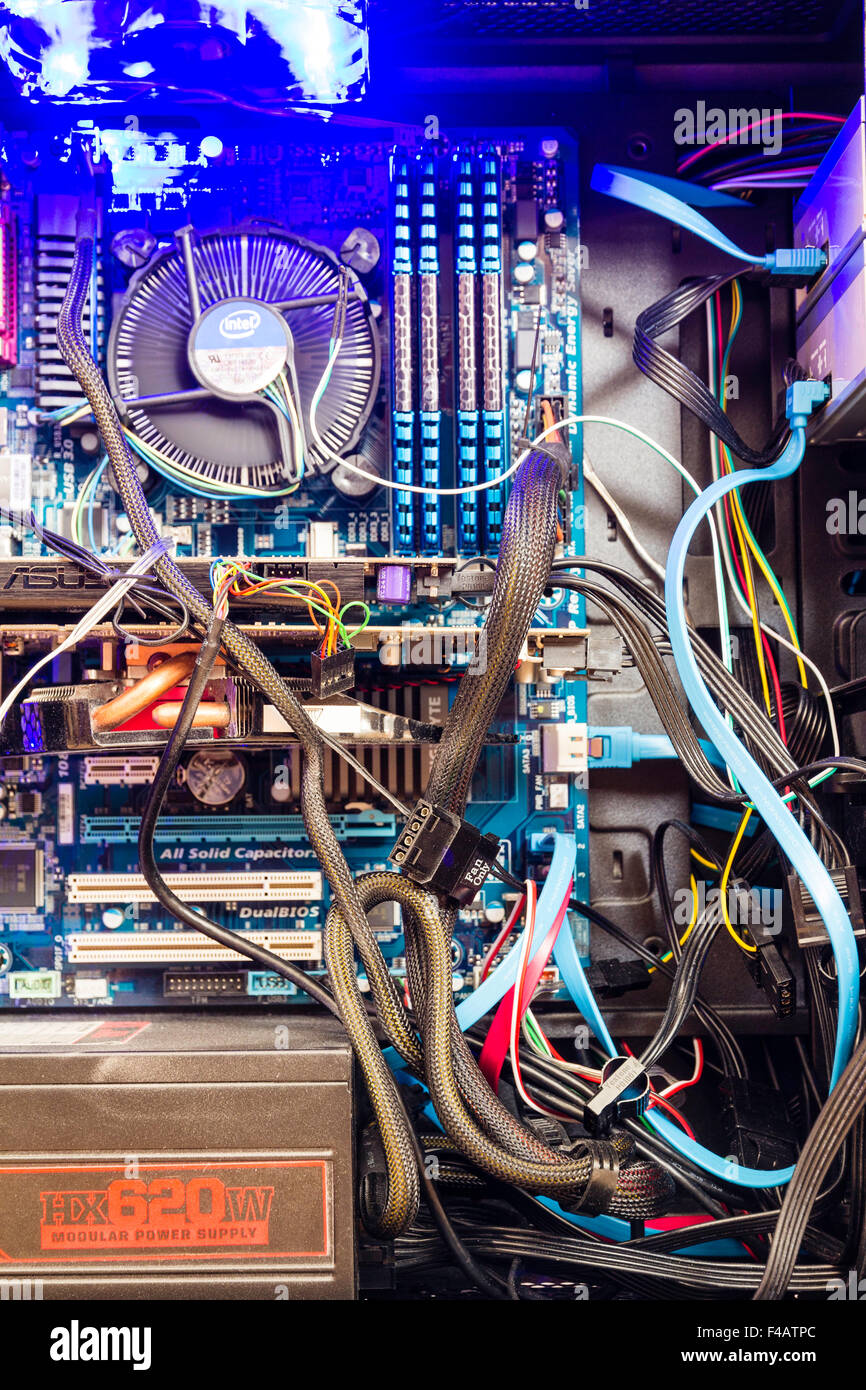 Technology. Interior of open desktop computer case. Main processor fan ...