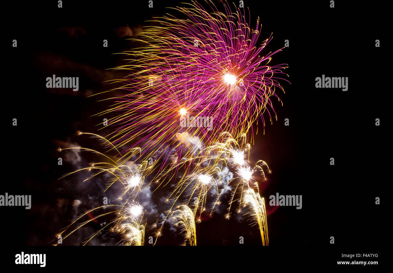 Colorful fireworks shot from Puente de Palmas bridge at Badajoz, Spain ...