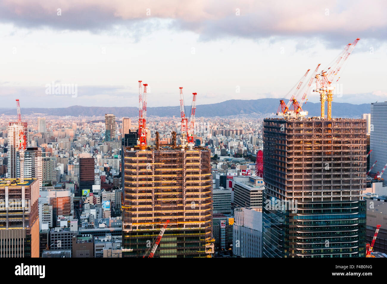 Japan, Osaka, view from Umeda Sky Building, Office block being ...
