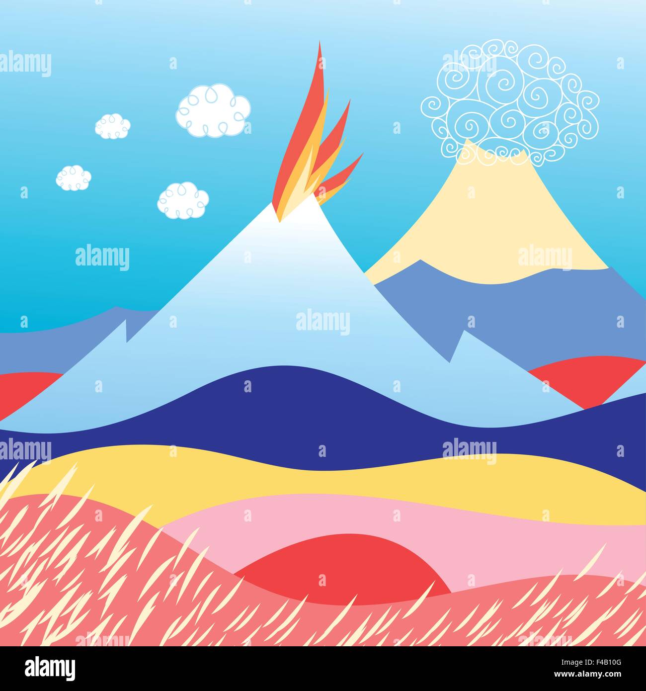 Beautiful vector illustration of an island in the sea with the volcano ...