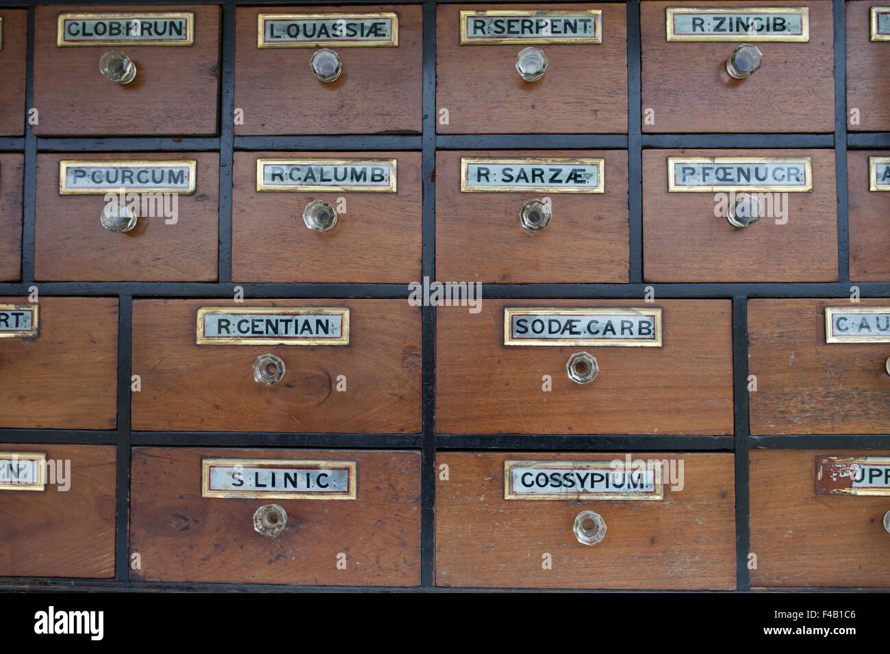 Cabinet of drawers with vintage labels Stock Photo - Alamy