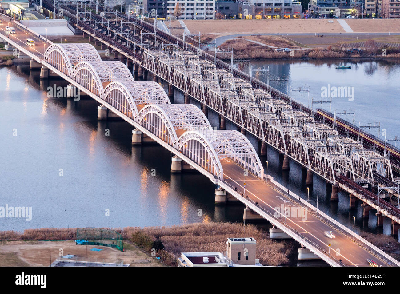 Japan, Osaka, view from Umeda Sky Building, twilight, blue hour. Juso ...
