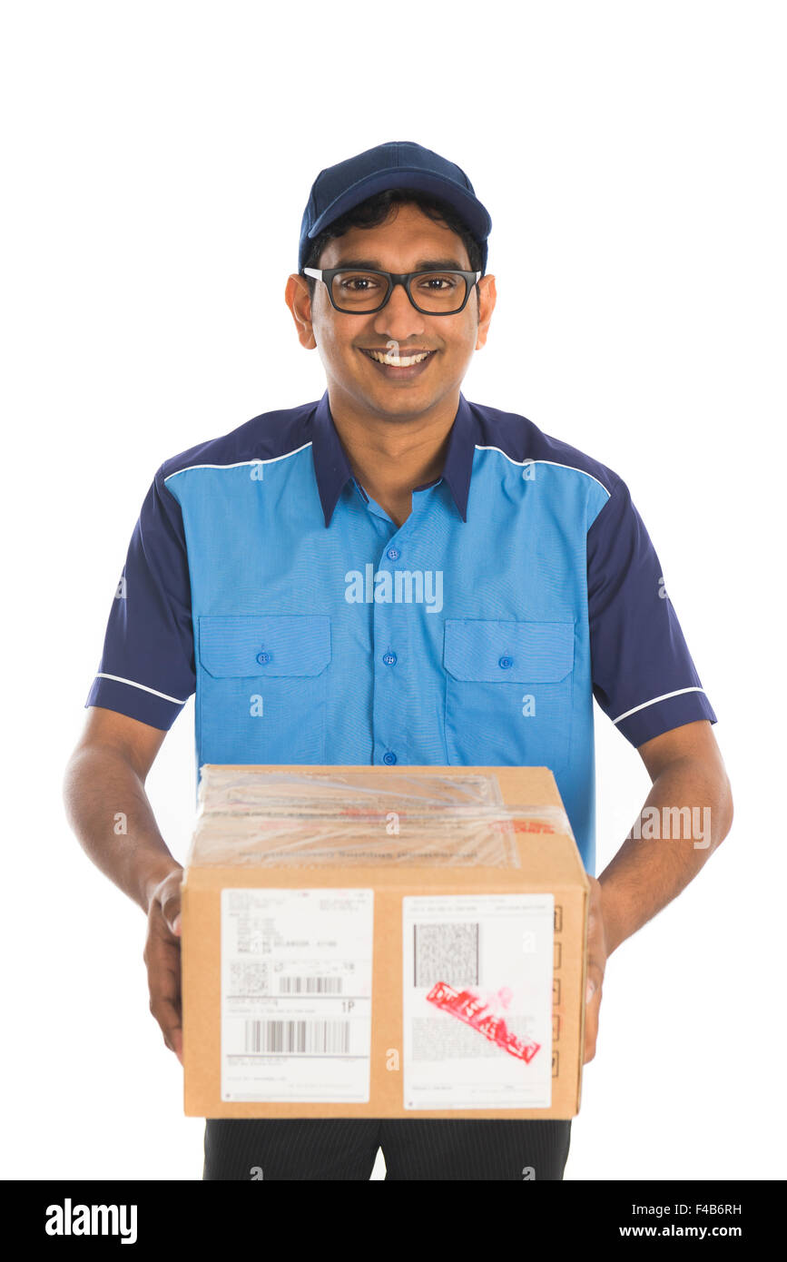 indian delivery man in blue uniform Stock Photo - Alamy