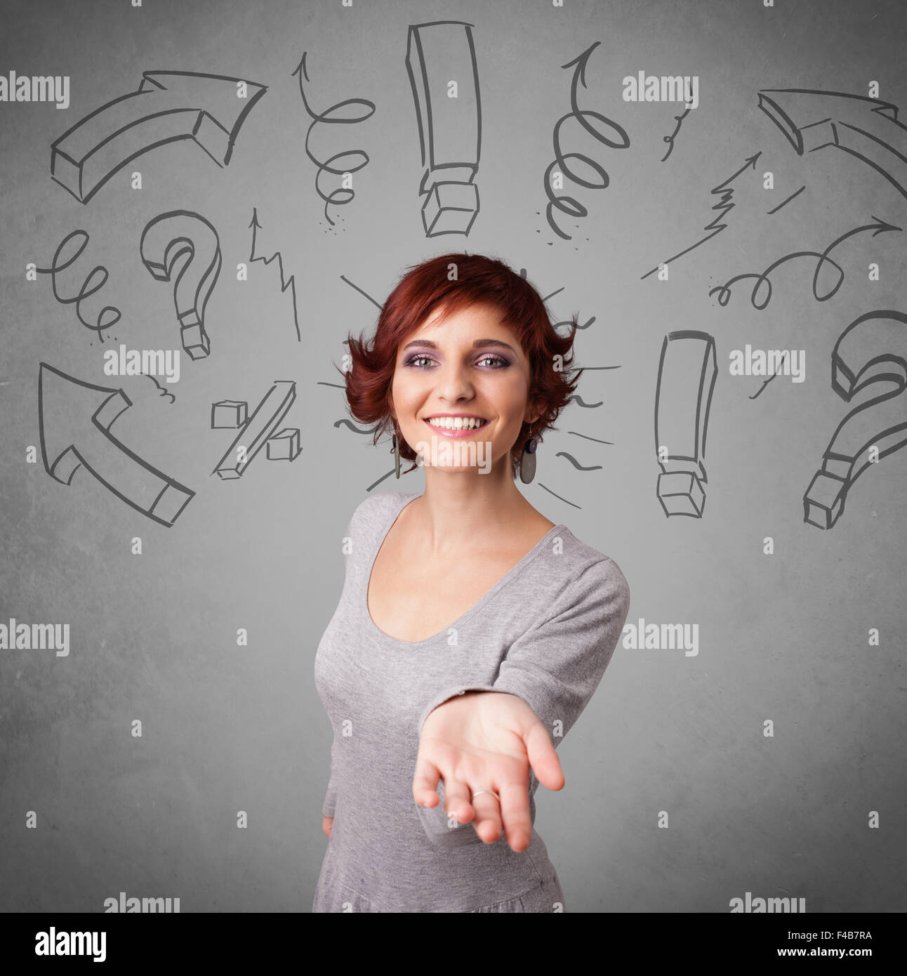 Cute young girl with question sign doodles Stock Photo - Alamy