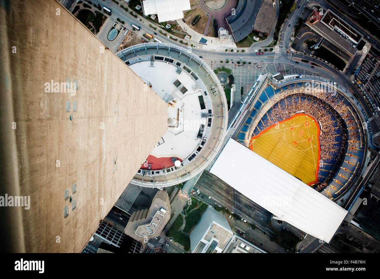 Bird's eye view of the Blue Jays baseball team in Rogers Centre from CN ...