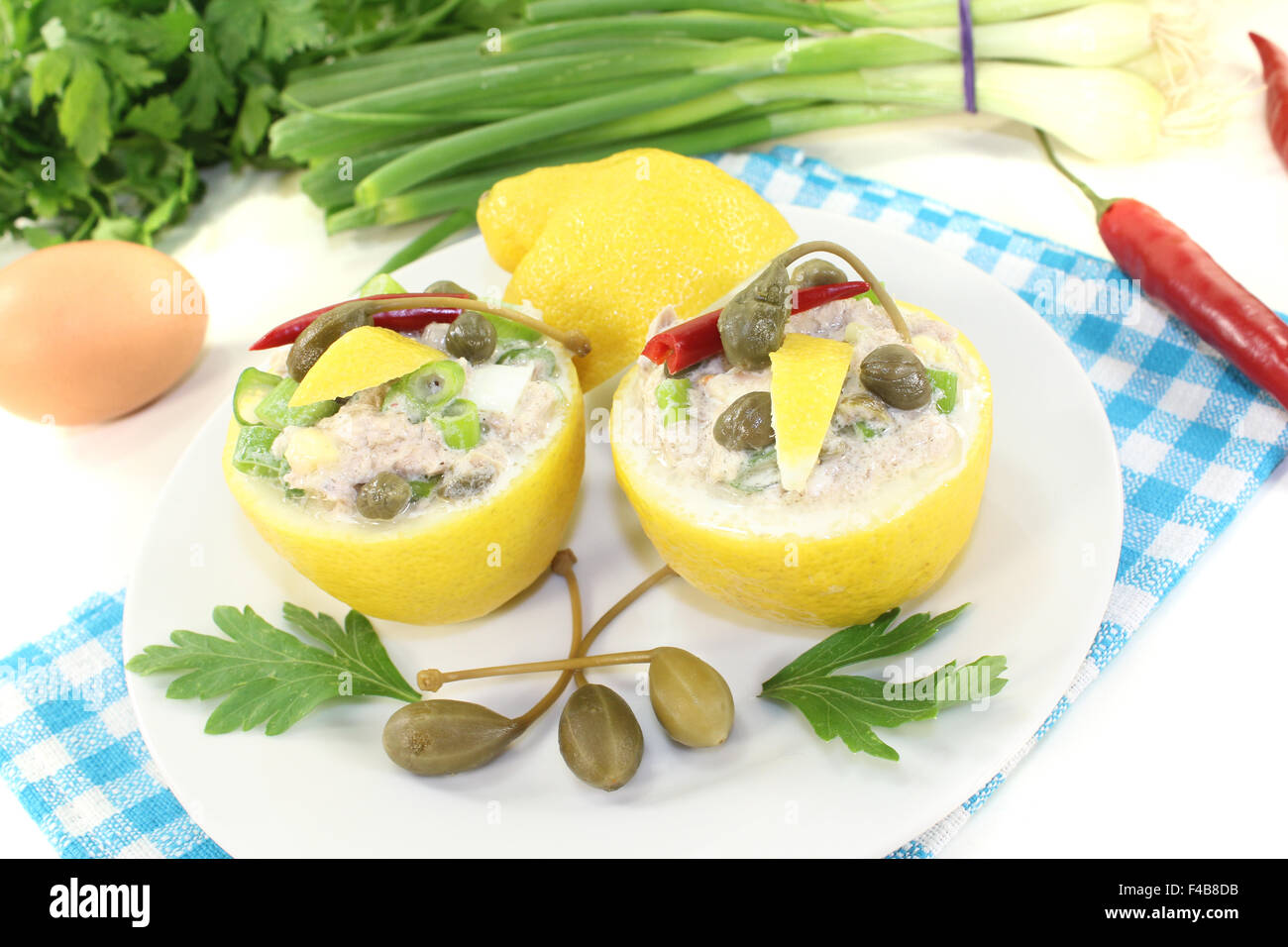 stuffed lemons with tuna cream, capers and eggs Stock Photo - Alamy