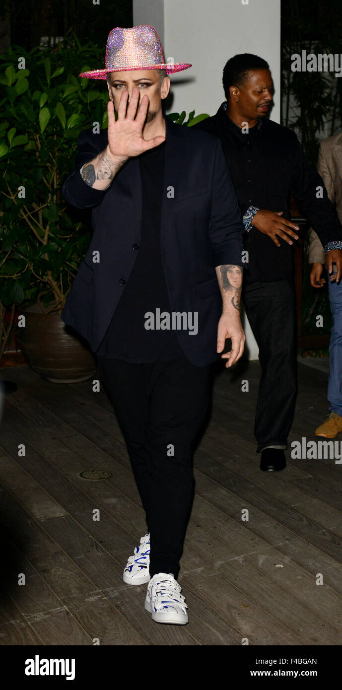 Boy George arrives for a DJ set at Wall Nightclub Featuring: Boy George ...
