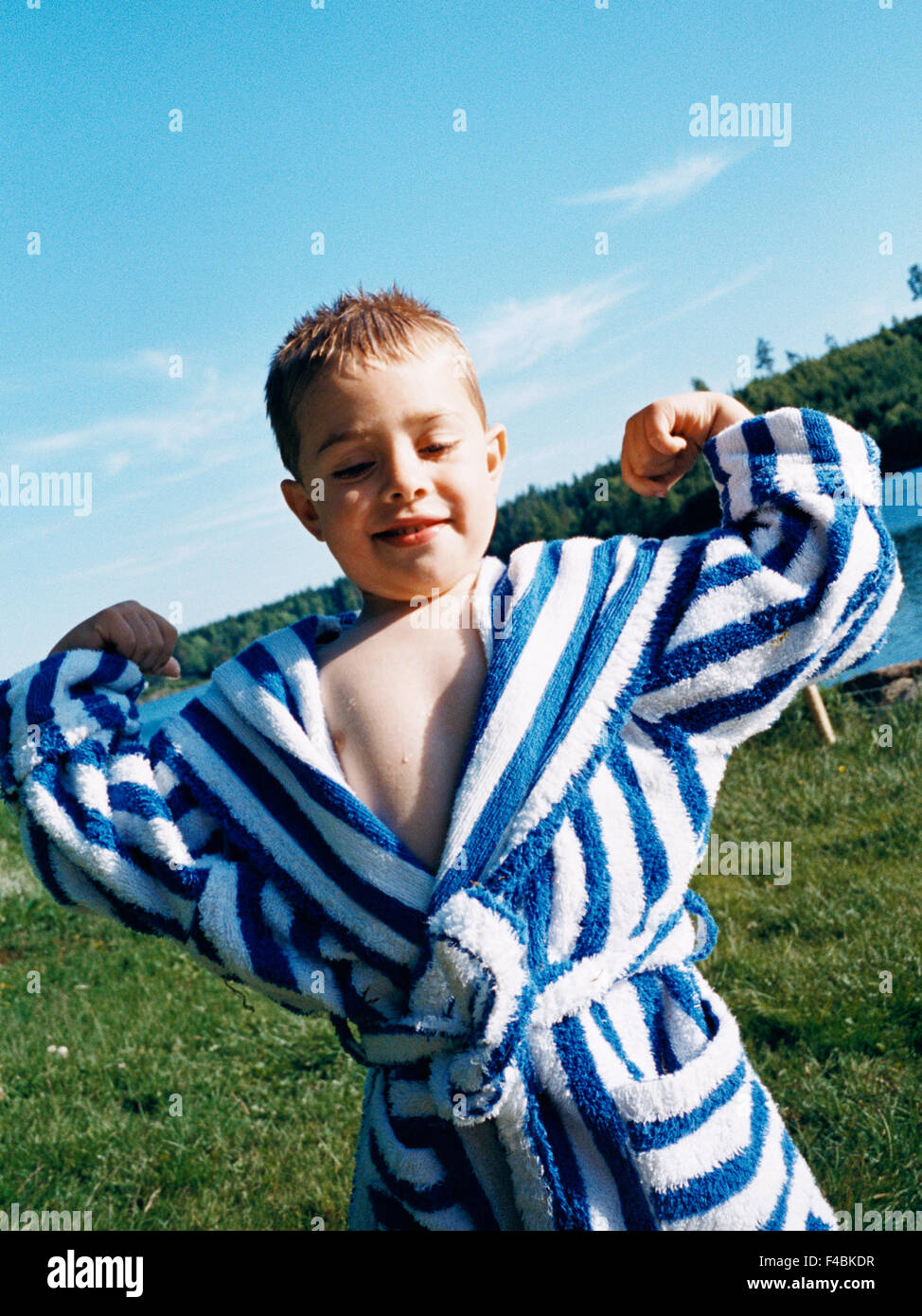 bathrobe body language boys color image one person only outdoors ...