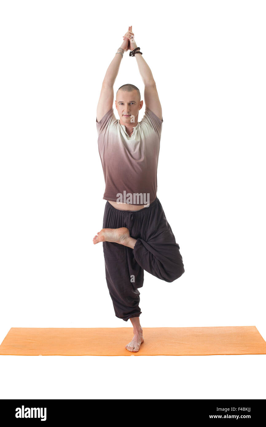 Smiling yogi posing standing on one leg Stock Photo - Alamy