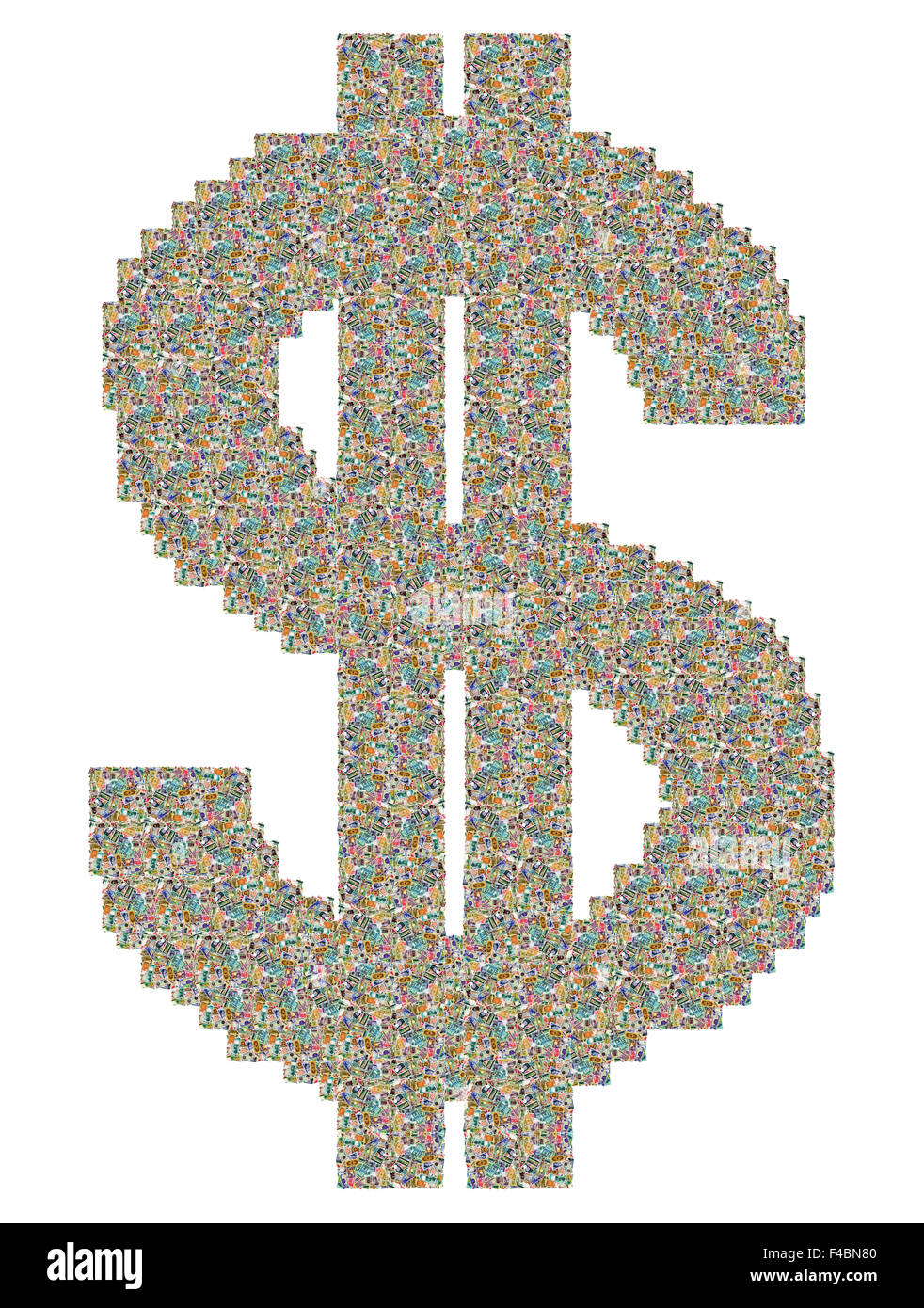 The sign symbol dollar currency is made of rectangular color pixels ...