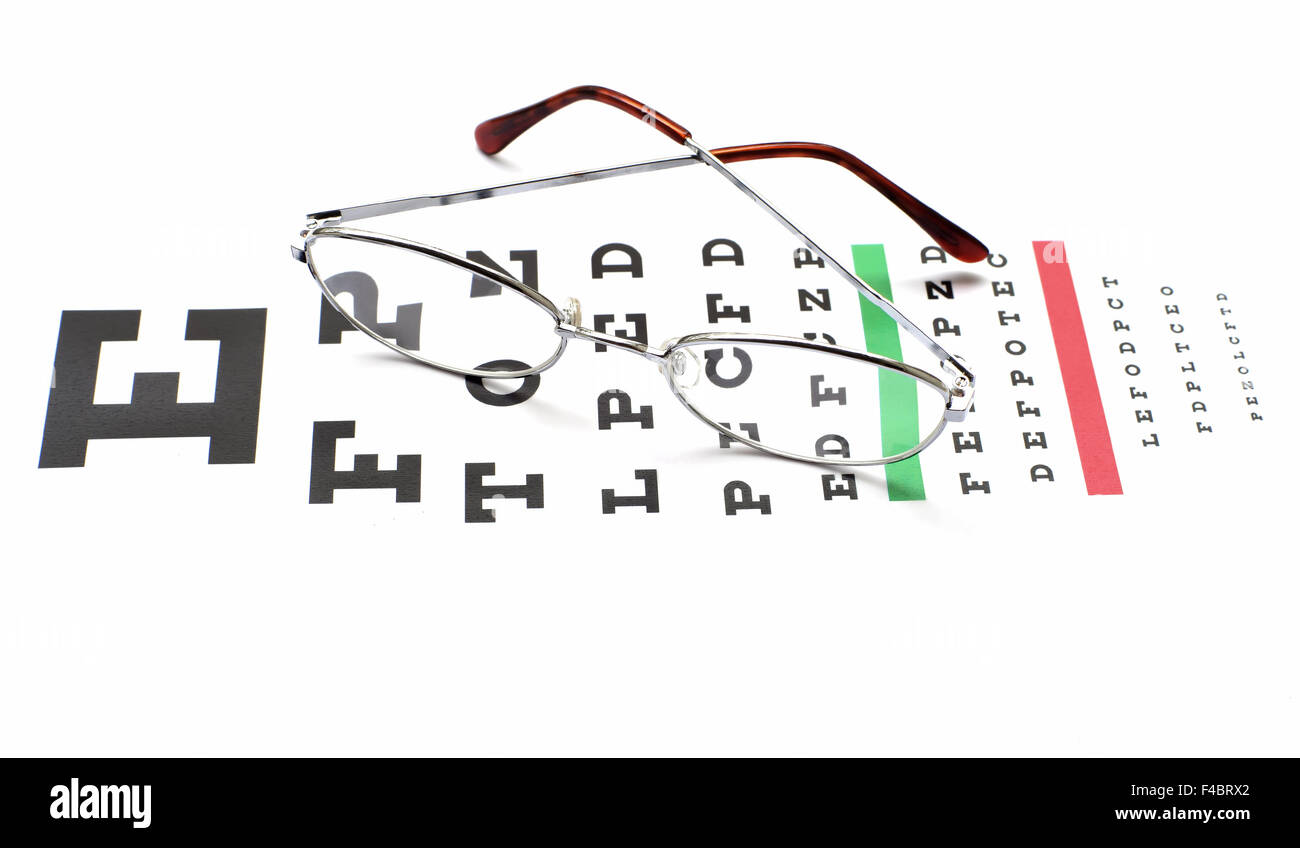 glasses on snellen eye sight chart test background Stock Photo - Alamy