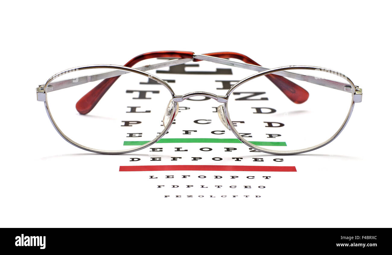 glasses on snellen eye sight chart test background Stock Photo - Alamy