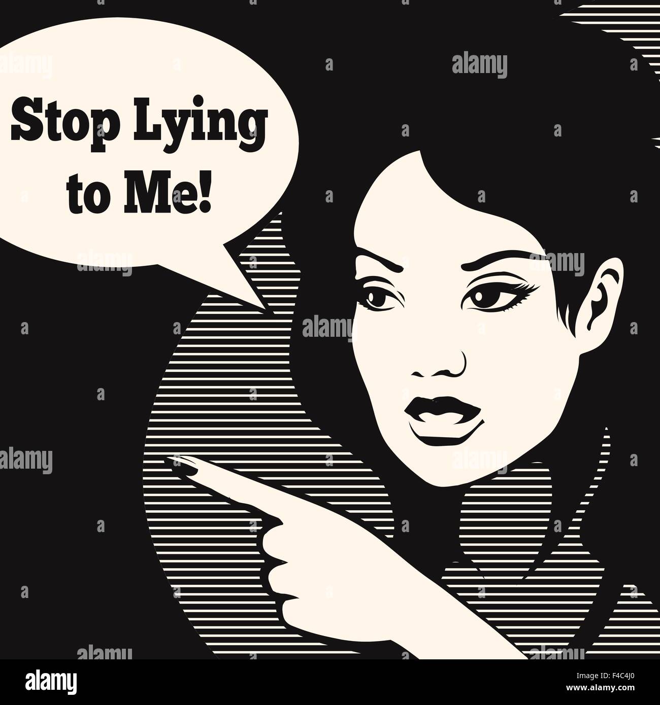 Young woman with speech bubble and lettering Stop Lying to Me ...