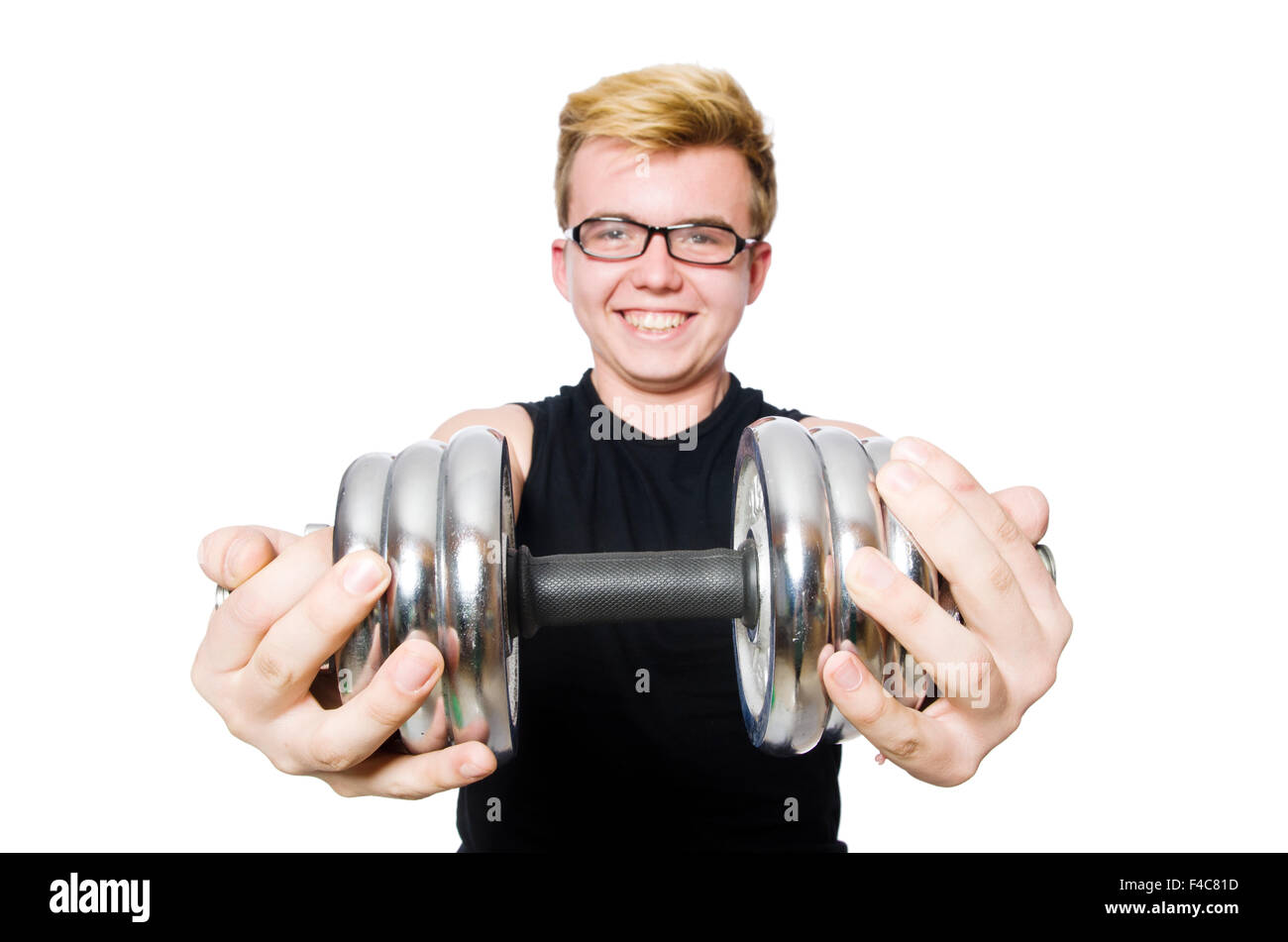 Man with dumbbells isolated on white Stock Photo - Alamy