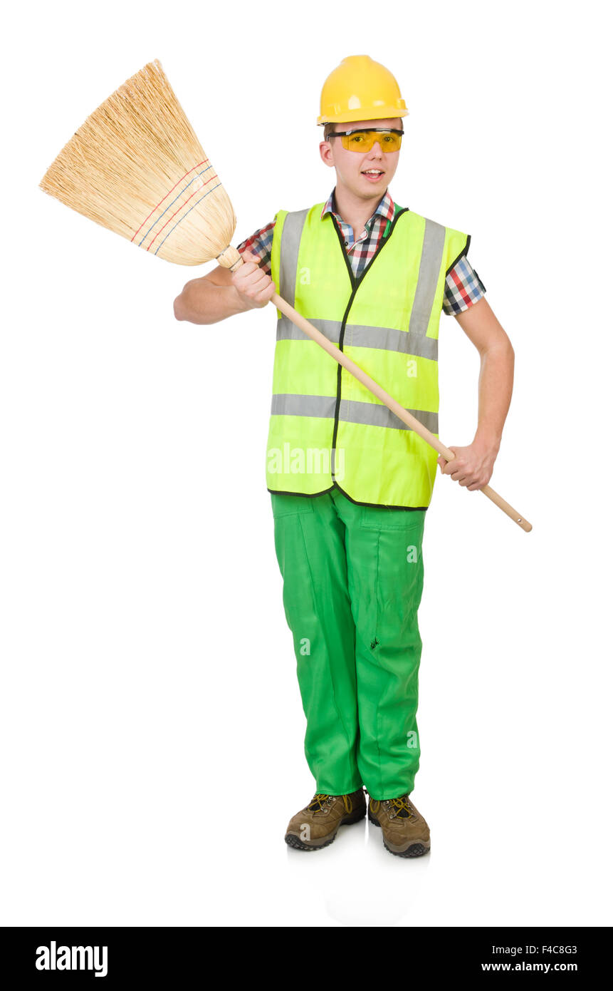 Funny janitor with broom isolated on white Stock Photo - Alamy