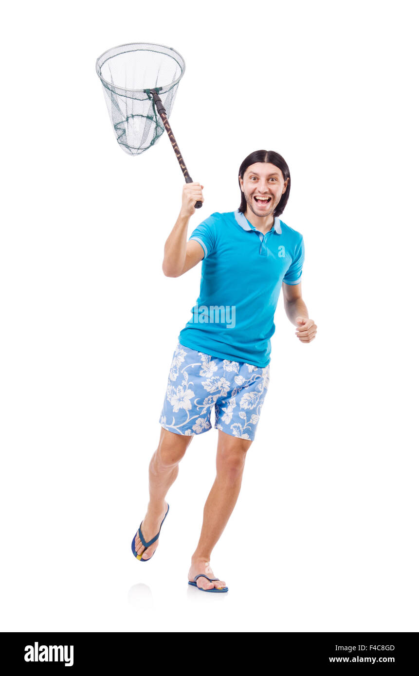 Funny guy with empty butterfly net Stock Photo - Alamy