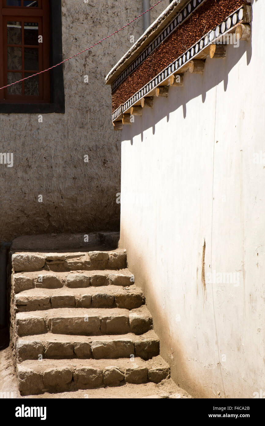India, Jammu & Kashmir, Ladakh, Hemis Gompa Monastery, old stone steps ...