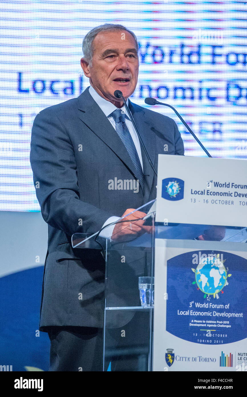 Turin, Italy. 16th Oct, 2015. Senate President Pietro Grasso speaks ...