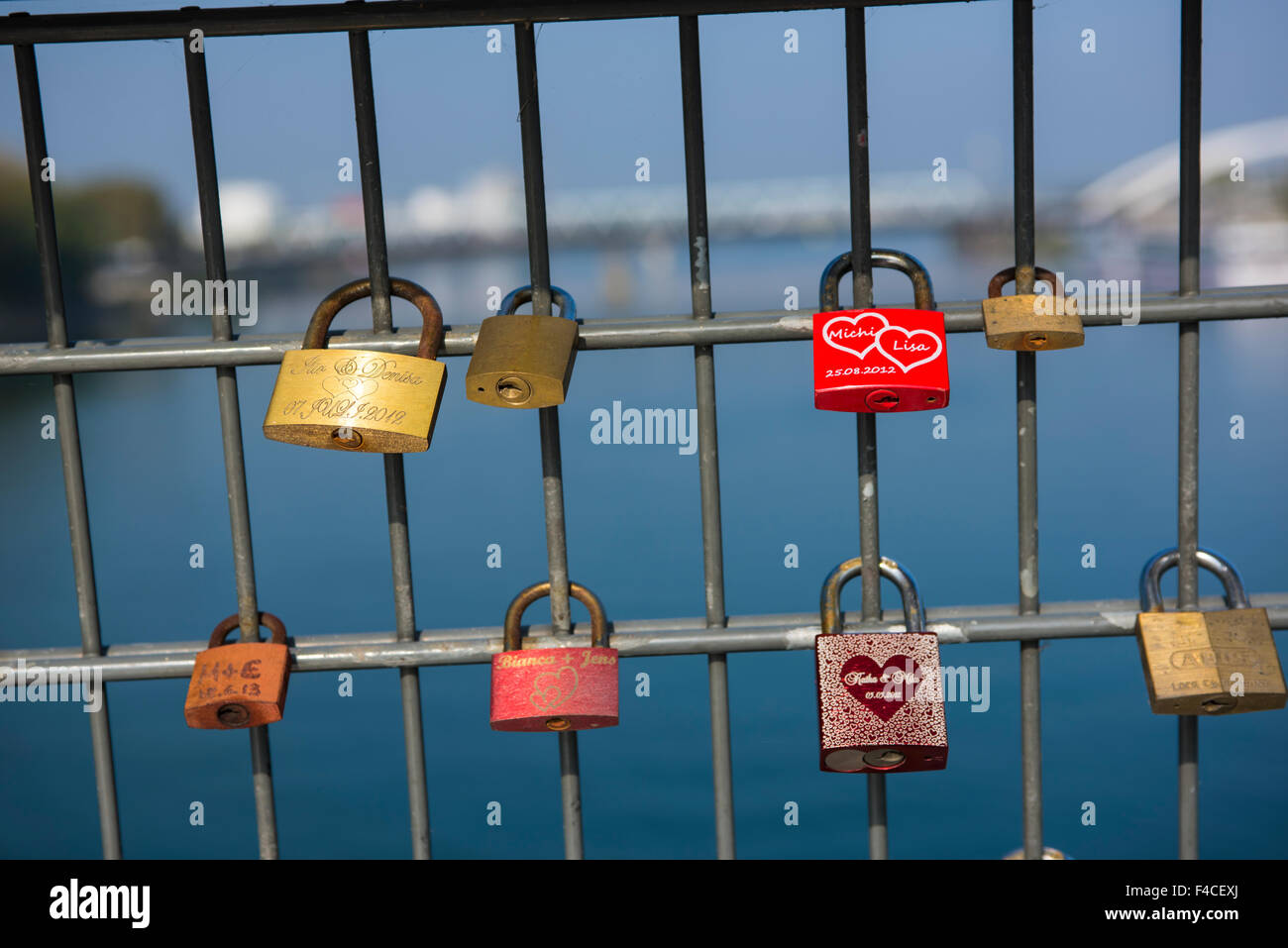 Padlocks on the Mimram Passerelle over the Rhine nr Strasbourg, Alsace ...